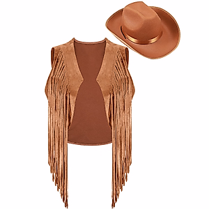 Zhanmai Fringe Vests Cowgirl Outfits for Women Faux Suede Tassels 70s Hippie Clothes Vest Jacket Western Cowgirl Hat(Brown, M)