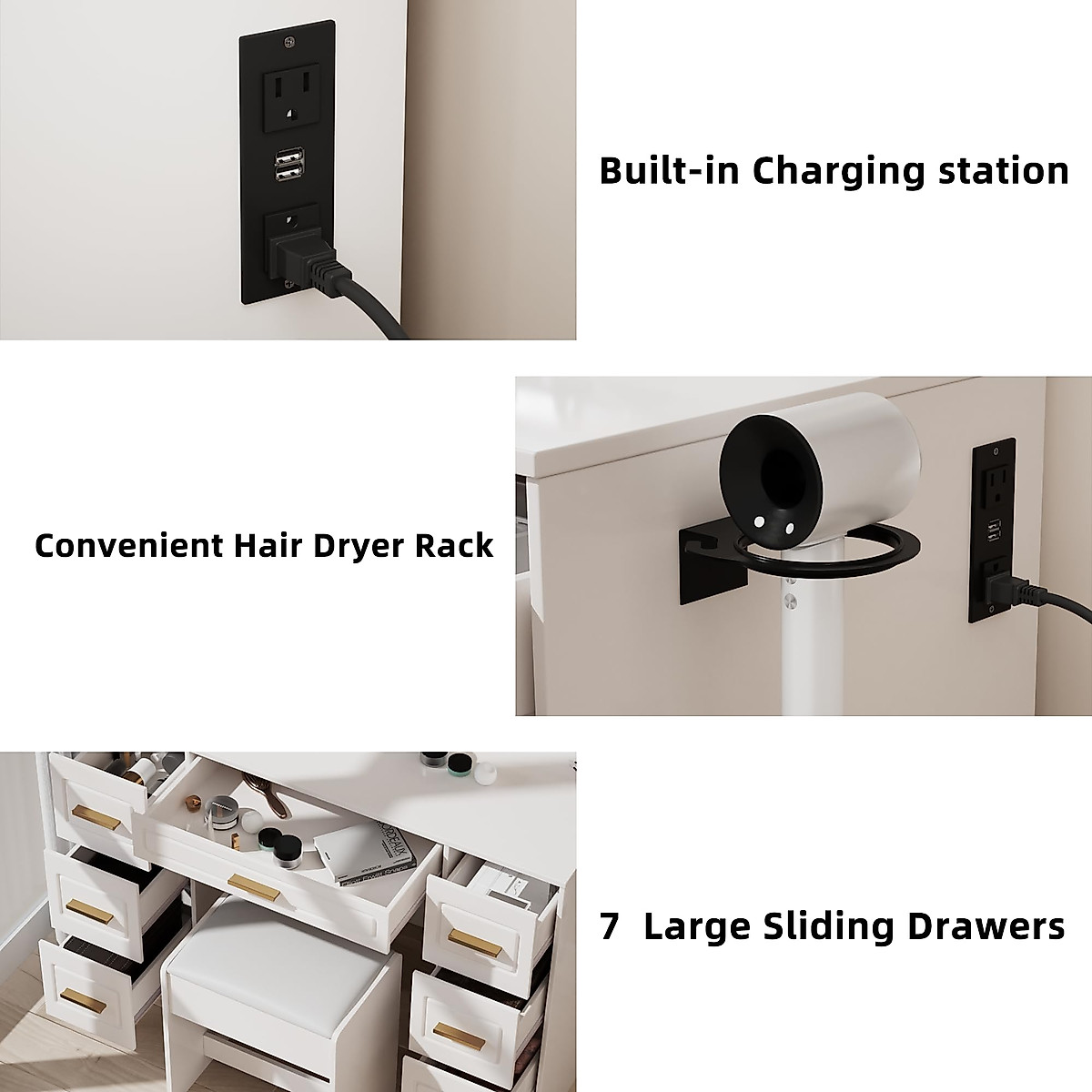 Homesflex Vanity Desk with Mirror and LED Lights, 43'' W Makeup Vanity Desk with Power Outlet, 3 Color Modes, 7 Drawers Vanity Table with Chair, Dressing Table for Bedroom, Dressing Room (White)