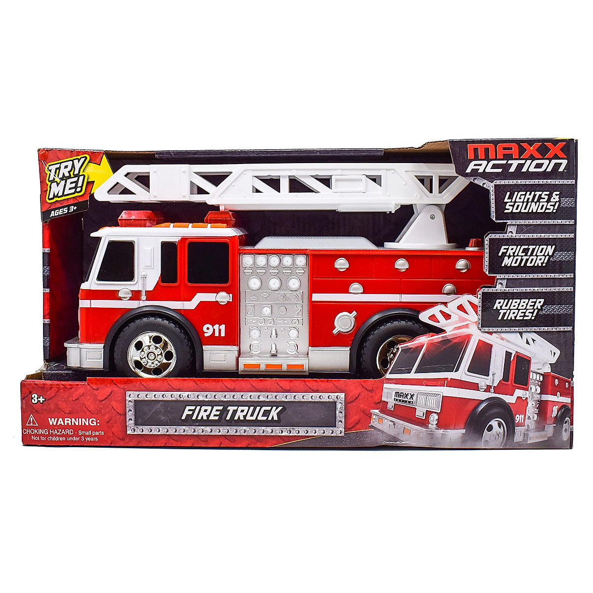 Sunny Days Entertainment Maxx Action 12’’ Large Fire Truck – Lights and Sounds Vehicle with Extendable Ladder | Motorized Drive and Soft Grip Tires | Red Firetruck Toys for Kids 3-8