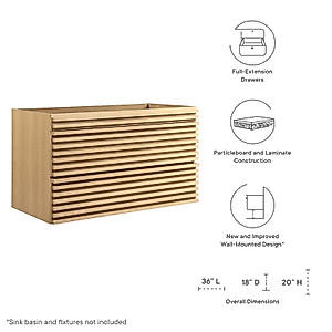 Modway Render 36" Wall-Mount Bathroom Vanity Cabinet in Oak-Sink Basin Not Included, 36 Inch