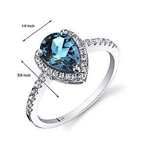 PEORA London Blue Topaz Teardrop Halo Ring for Women 14K White Gold with White Topaz, Natural Gemstone Birthstone, 1.50 Carats Pear Shape 9x6mm, Size 8