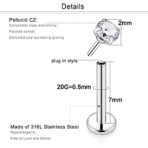 Dyknasz 20G Threadless Nose Stud Threadless Earring Set Surgical Steel Push in Nose Rings Studs for Women Nose Piercing Jewelry for Men Flat Back Cartilage Helix Tragus Earrings 2mm