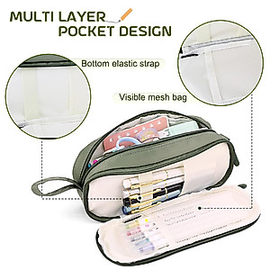 iSuperb 2 Compartments Pencil Case Zippered Pencil Pouch With Handle Big Large Capaciy Aesthetic Organizer Canvas & Nylon Pen Bag Handbag for Travel Office Stationary (Green)