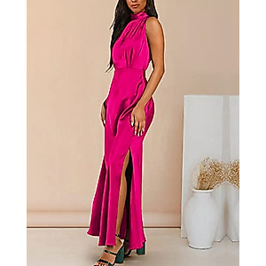 BTFBM Women Sleeveless Mock Neck Cocktail Dresses Keyhole Elastic Waist Party Wedding Guest Satin High Split Maxi Dress(Solid Rose Red, Medium)