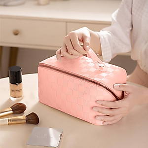 ANFAFUN Travel Makeup Bag - Large Capacity Handing Cosmetic Bag, PU Leather Waterproof & Divider Flat Lay Make Up Bag Organizer with Makeup Mirror‘s Toiletry Bags for Women (makeup bag-pink)