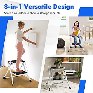 Goplus 2 Step Ladder, Lightweight Folding Step Stool with Anti-slip Pedals, Non-slip Foot Covers, Heavy Duty Metal Stepladder for Household, Kitchen, 330 LBS Weight Capacity, White & Black