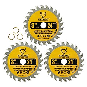 FOXBC 3 Inch Circular Saw Blade 24T Carbide Cuts for Wood, Plastic, PVC, Acrylic, Aluminum with 7/16" Arbor, Compatible with Dewalt, Dremel, Ryobi, Worx, Milwaukee, Ultra-Saws, RotoZip Saws - 3 Pack