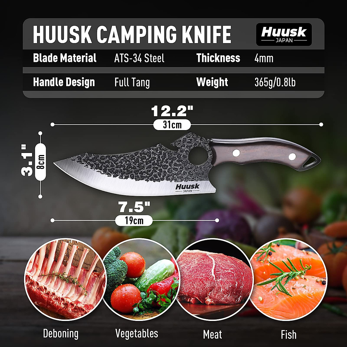 Huusk Japan Knife for Meat Cutting, Caveman Knives for Vegetables Butcher Knife with Full Tang Handle Viking Knife with Opener & Sheath for Kitchen BBQ Camping Outdoor, Christmas Gift