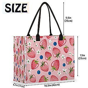 Pink Strawberry Reusable Grocery Shopping Bag with Hard Bottom, Strawberry Pattern Large Foldable Multipurpose Heavy Duty Tote with Zipper Pockets, Stands Upright, Durable and Eco Friendly, Beach Bag