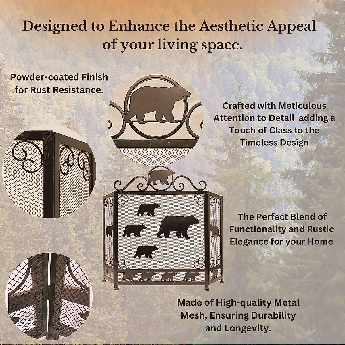 BestGiftEver 3-Panel Fireplace Screen Decorative with Sloth of Bears Design - Stand Alone Fireplace Cover Metal Mesh Screen - Home Decorative Firescreen for Cabin, Wildlife, and Woodland Theme