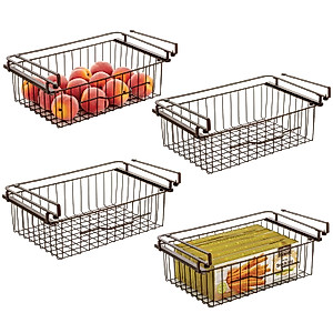 mDesign Large Metal Wire Hanging Pullout Drawer Basket - Sliding Under Shelf Storage Organizer - Attaches to Shelving - Easy Install - 4 Pack - Bronze