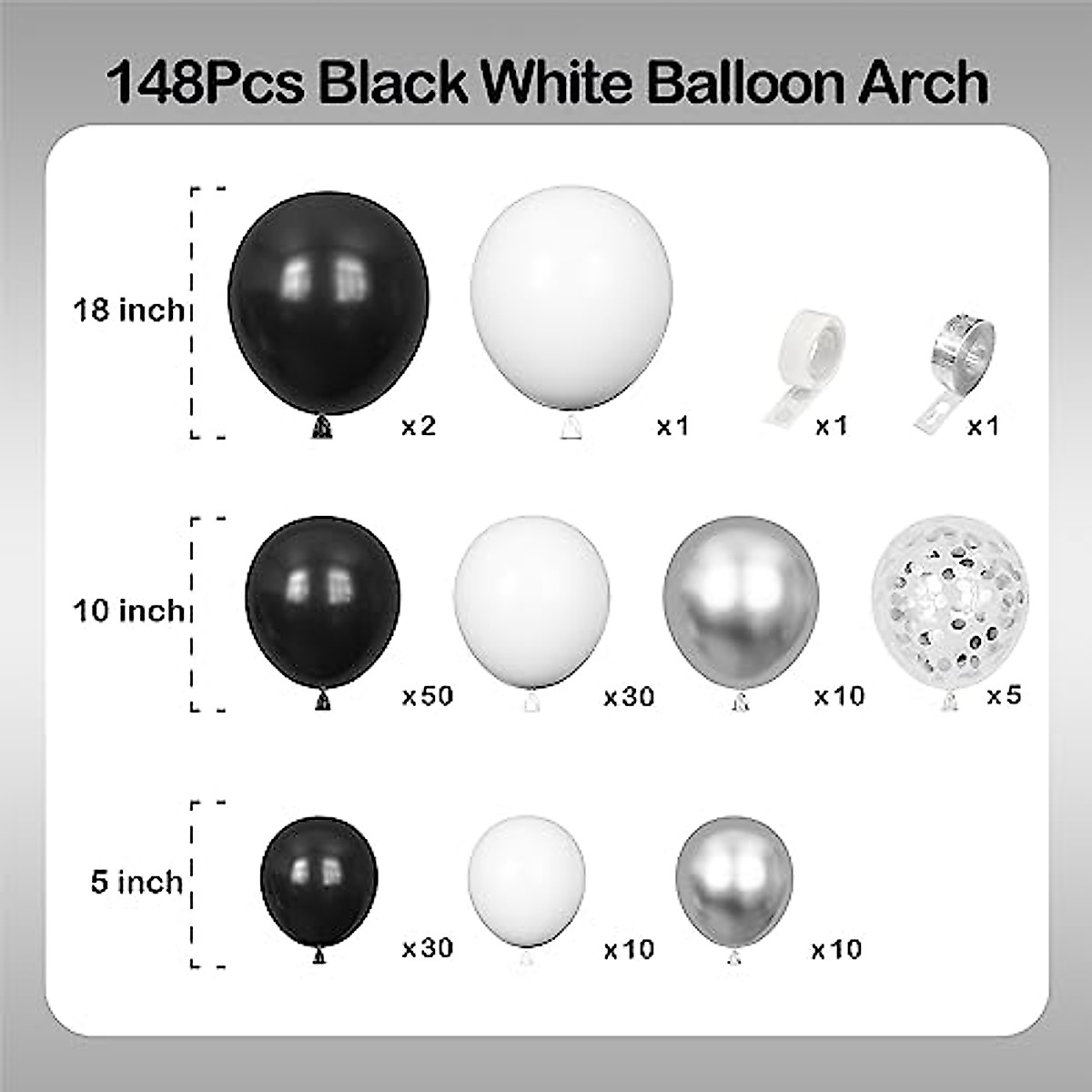 Black White Balloons Garland Arch Kit-148Pcs Confetti Silver Black White Balloons Party Decorations for Baby Shower Birthday New Years Engagement Wedding Anniversary Retirement