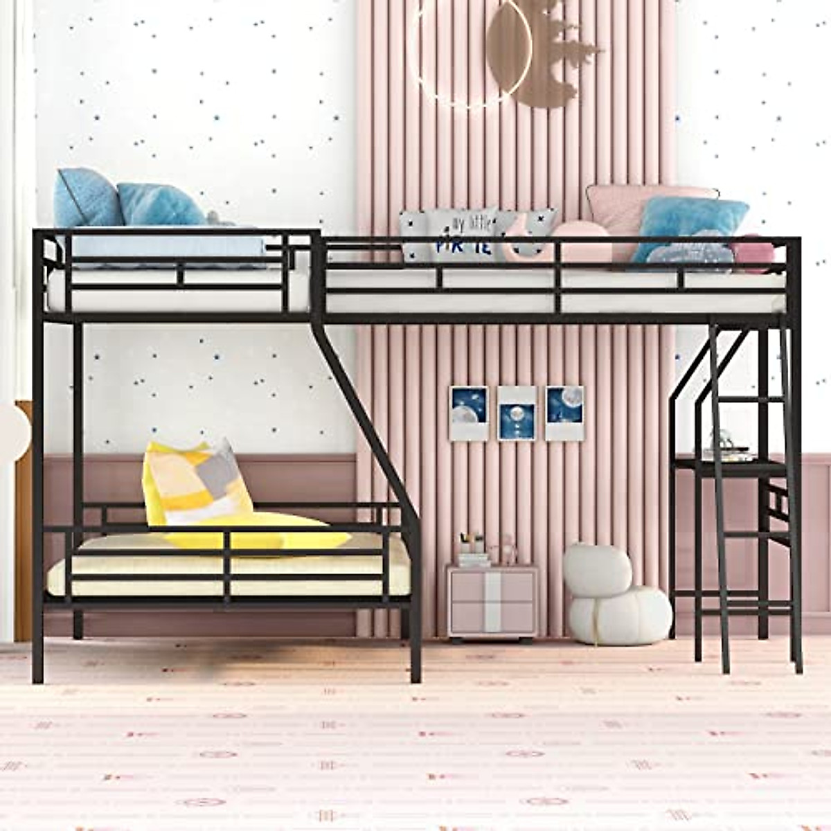 MERITLINE Metal L-Shaped Bunk Bed, Twin Over Full Bunk Bed with a Twin Loft Bed Attached,Triple Bunk Bed with Desk,3 Bed Bunk Beds with Guardrails and Ladder for Kids Teens Adults, Black