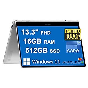Samsung Galaxy Book2 360 13 2-in-1 Laptop 13.3" FHD AMOLED Touchscreen 12th Generation Intel 10-Core i7-1255U 16GB RAM 512GB SSD Backlit Keyboard Fingerprint Reader Thunderbolt USB-C HDMI Win11 Silver