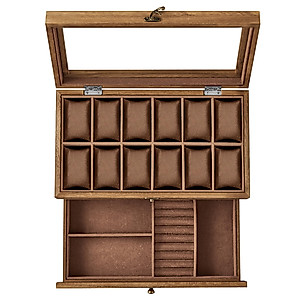 SONGMICS 12-Slot Watch Box, 2-Tier Watch Display Case with Large Glass Lid, Removable Watch Pillows, Velvet Lining, Jewelry Box, Gift Idea, Rustic Walnut UJOW012K01