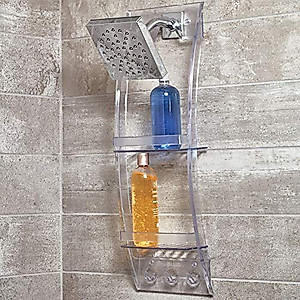 iDesign Plastic Grand Arc Bathroom Suction Shower Caddy for Shampoo, Conditioner, and Soap with Hooks for Razors, Towels, Loofahs, 4.1" x 9" x 28.7", Clear