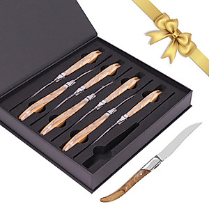 LUVCOSY Laguiole Style Steak Knife Set of 8, Non-serrated Steak Knife Set with Olive Wood Handle, Sharp Stainless Steel Steak Knives with Gift Box, Dinner Cutlery Set for Home Party