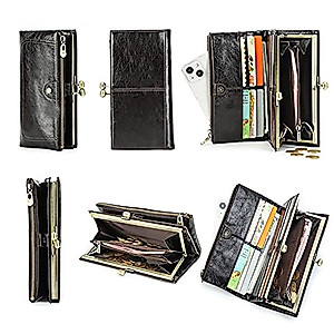 Contact's Kiss Lock Wallet for Women Leather Clutch Wallet Vintage Coin Purse RFID Wallet Bifold Brown Card Phone Holder