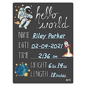 Cohas Hello World Newborn Baby Announcement Chalkboard Sign with Space Theme, 9 by 12 Inches, No Marker