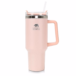 SteelHydrate 40 Oz Tumbler With Handle With Lid and Straws | Insulated Stainless Steel Travel Mug | Reusable Eco-Friendly Choice | Iced Tea or Hot Coffee | Water Bottle Cup (Plush Pink)