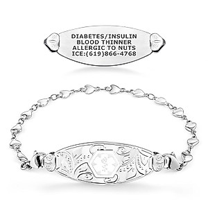 Divoti Custom Engraved Filigree Medical Alert ID Bracelets for Women, w/Heart Link – White-8.0"