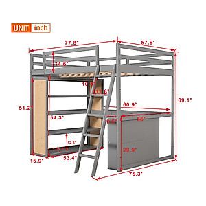Bellemave Full Loft Bed with Desk and 6 Storage Shelves, Wood Loft Beds Frame with Bookcase and Writing Board, Modern High Loft Bed for Kids Boys Girls Teens, Full Size, White, Gray With Shelves