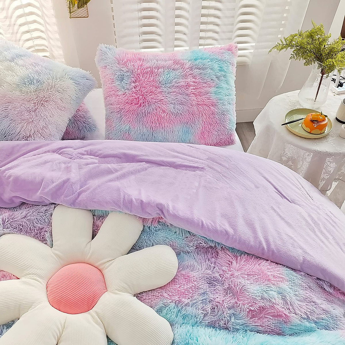 DYcolor Plush Shaggy Duvet Cover Set, 3 Pieces Colorful Comforter Cover Ultra Soft Warm Fuzzy Bedding Set with Pillowcases, Luxury Velvet Fluffy Bedding Sets for Bedroom (Lilac Purple, Queen)