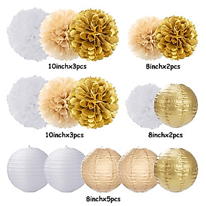 White Gold Party-Decorations Paper Flowers Lanterns - 15PCS Engagement Birthday Graduation Wedding Tissue Pom Poms Streamers,Neutral Bachelorette Baby Bridal Shower Hanging Supplies Decor Hugfond