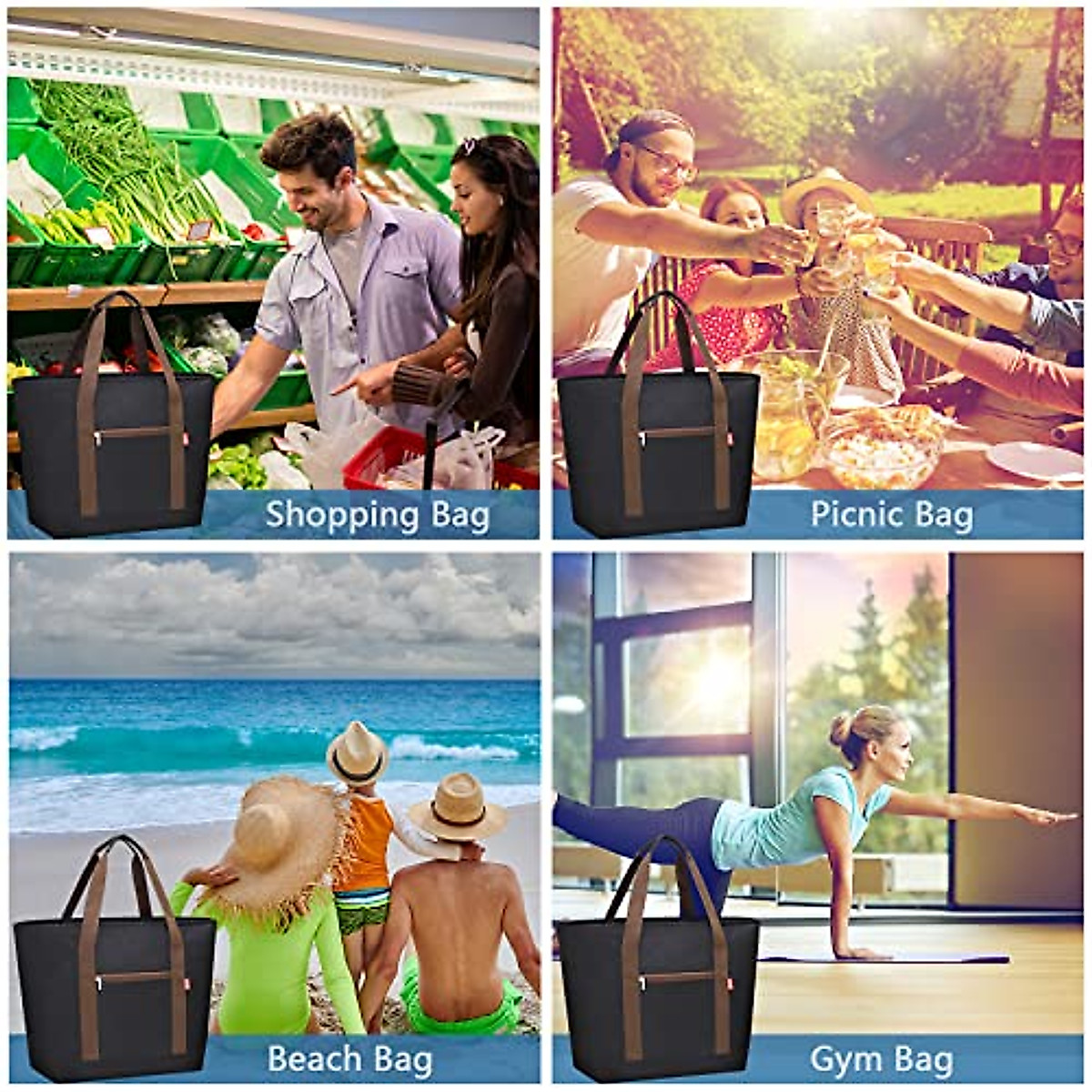 LHZK Jumbo Insulated Cooler Bag with Thermal Foam Insulation, Premium Quality Cooler Tote Bag with Zipper, Insulated Hot Cold Bag for Food Transport, Picnic, Travel, Beach (X-Large-50L, Black)