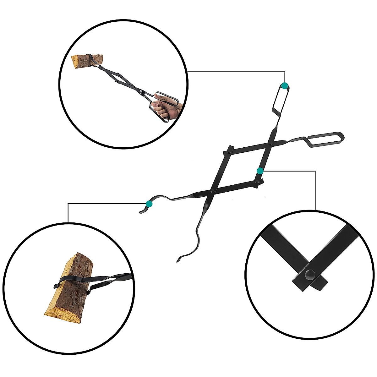 40-Inch Fireplace Fire Pit Campfire Poker Stick and 26-Inch Campfire Fireplace Tongs, Log Grabber, Camping, Wood Stove, Outdoor and Indoor Use, Black Solid Steel