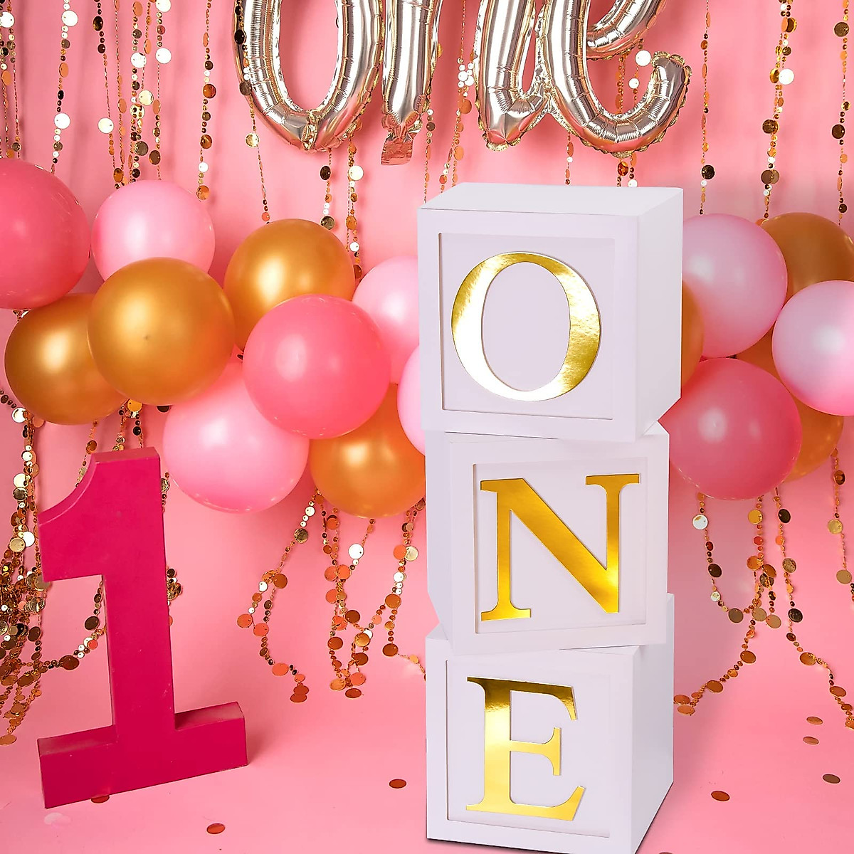 First Birthday Decorations for Girl Boy - 3pcs Stereoscopic Balloon Boxes with ONE Letters for Baby 1st Birthday Party Supplies, Baby Cube Blocks for ABC Photography Props Table Centerpiece