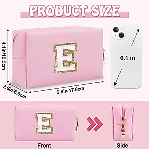 Personalized Chenille Letter Preppy Patch Makeup Bag, Small Pink Travel Cosmetic Bag Initial Toiletry Zipper Pouch Monogram Makeup Storage, Waterproof Makeup Case Travel Essentials for Women(Letter E)