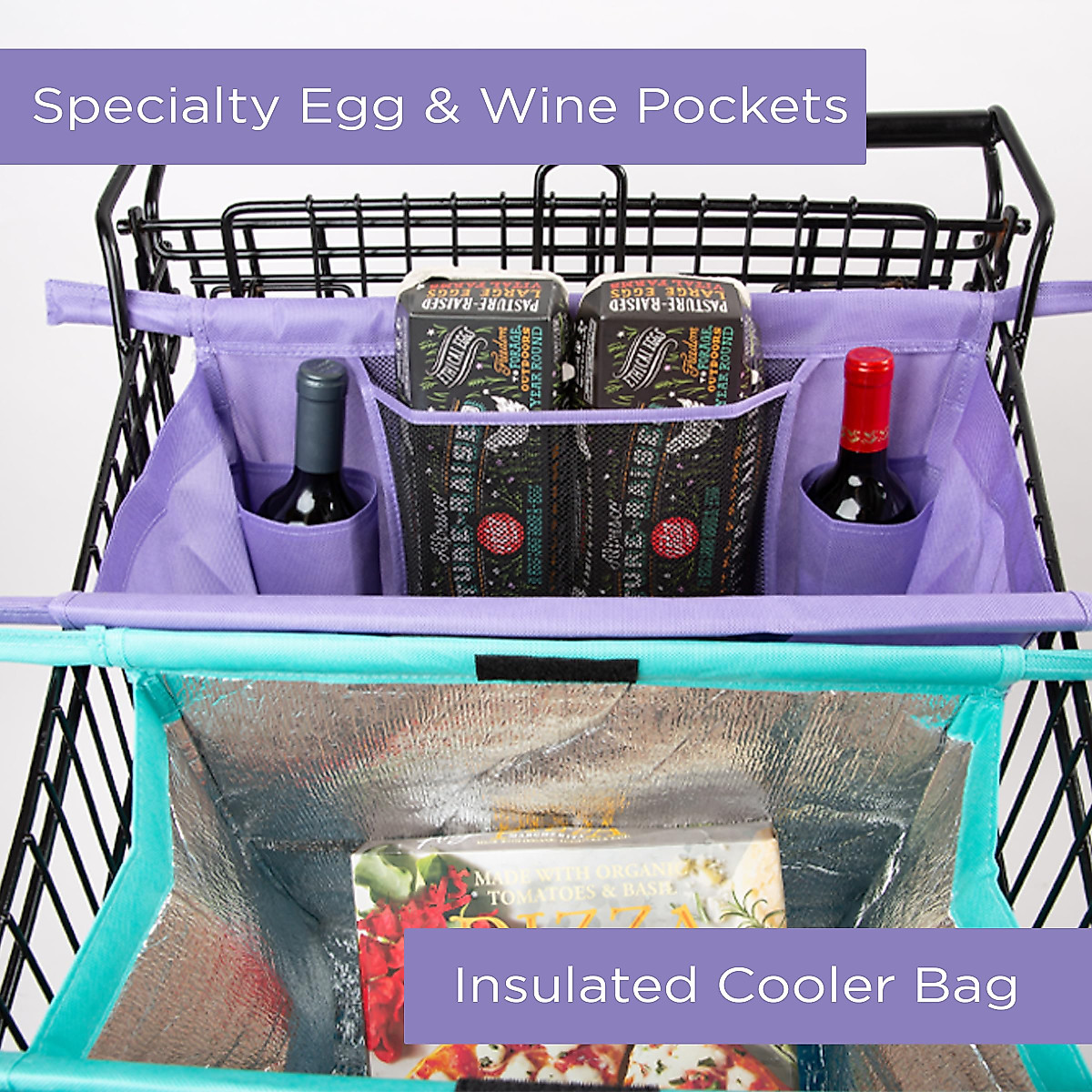 Lotus Trolley Bags -set of 4 -w/LRG COOLER Bag & Egg/Wine holder! Reusable Grocery Cart Bags sized for USA. Eco-friendly 4-Bag Grocery Tote. (Purple, Turquoise, Blue, Brown,)