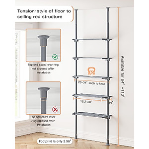 ALLZONE 5-Tier Narrow Bookshelf, Adjustable Width and Height, Tall Ladder Book Shelf with Open Storage,Floor to Ceiling Tension Mount Industrial Bookcase for Living Room,64 to 113Inch Height,Dark Grey