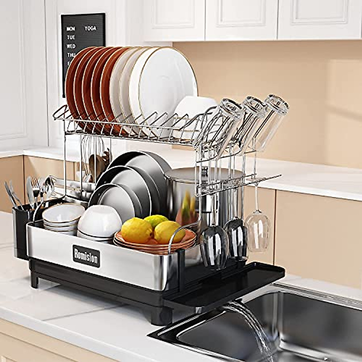 romision Dish Rack and Drainboard Set, 304 Stainless Steel 2 Tier Large Dish Drying Rack with Swivel Spout, Dish Strainer for Kitchen Counter with Utensil Holder, Cup Rack, Water Tray