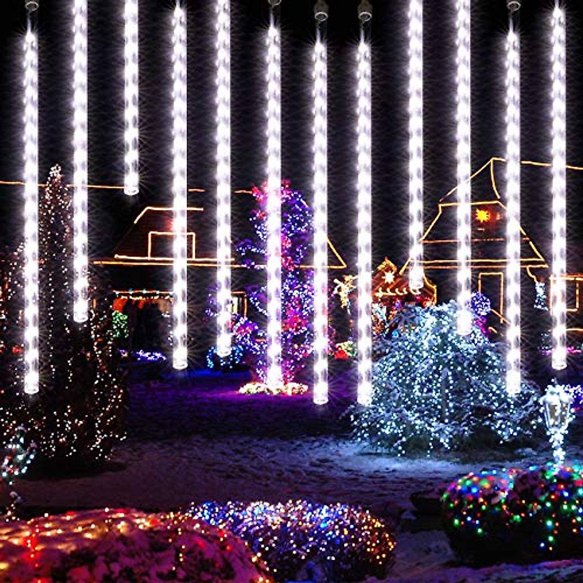 AWQ 16.9 Inch 10 Tubes Meteor Shower Lights 360LED Waterproof Falling Rain Drop Christmas Lights Plug in for Indoor & Outdoor Holiday Garden Tree Christmas Party Home Decor (White)