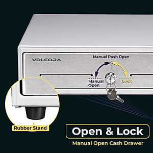 Volcora 13" Manual Push Open Cash Register Drawer for Point of Sale (POS) System - White with Stainless Steel Front Touch Panel - with 4 Bills and 5 Coin Slots, Fully Removable Money Tray