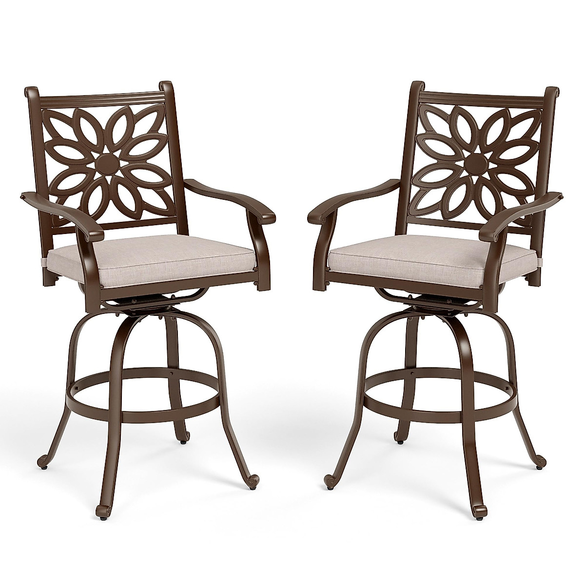 Sophia & William Cast Aluminum Patio Bar Chairs Set of 2, Bar Height Swivel Outdoor Bar Stools Chairs, Counter Height Outdoor Barstools, Brown, Load Capacity: 350 lbs