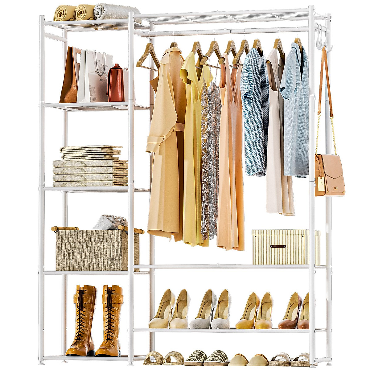 Neprock Clothing Racks for Hanging Clothes with Shelves, Portable Closet System Organizer Garment Rack for Clothes Storage, Metal Free Standing Wardrobe Clothes Organizer(White)