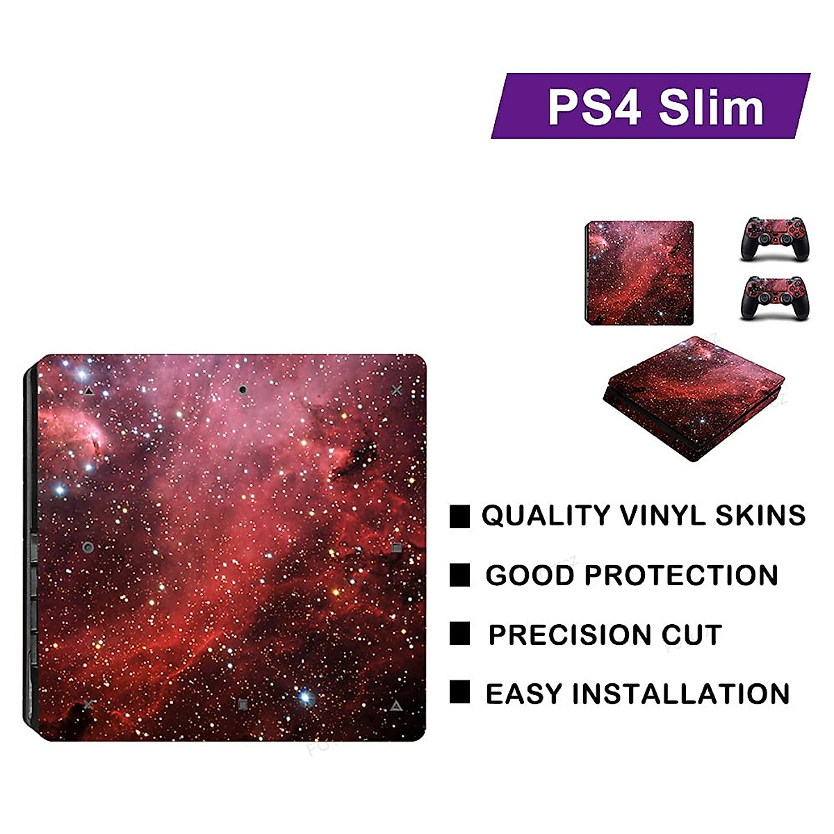 FOTTCZ Whole Body Vinyl Sticker Decal Cover for Playstation 4 Slim Console and Two Controller - Red Nebular