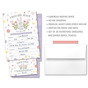 Koko Paper Co Sweet Little Bunny Baby Shower Invitations and Diaper Raffle Tickets | Pack of 25 Fill-in Invitations, Diaper Raffle Tickets and Envelopes | Printed on Heavy Card Stock.