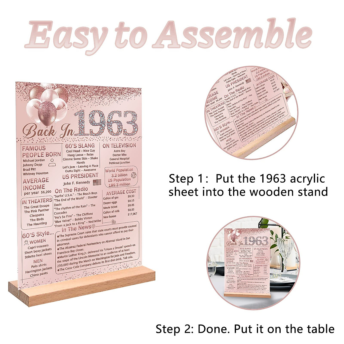 Vlipoeasn Pink 61st Birthday Anniversary Table Decoration 1963 Poster for Women, Rose Gold Back in 1963 Acrylic Table Sign with Wooden Stand, 61 Year Old Birthday Party Centerpieces Gift Supplies