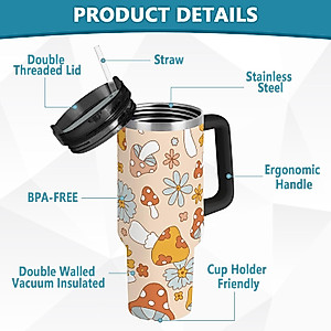Yasala Car Tumbler with Handle Wild Mushroom Spring Flower Travel Mug Coffee Cup Insulated Beverage Container Mega Cup for Hot Cold Drinking Thermos Water Bottle Cupholder Friendly 40 oz