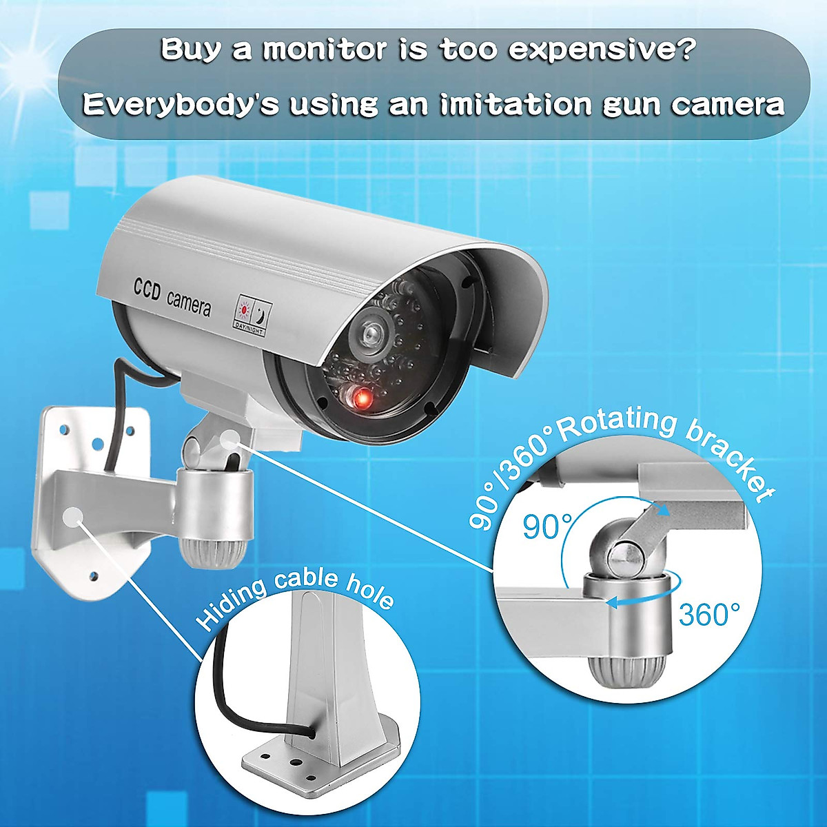 Fake Camera, FITNATE Dummy Camera CCTV Surveillance System with LED Red Flashing Light with 4 Safety Warning Stickers, Fake Security Camera for Outdoor & Indoor Use (4 Packs, Silver)