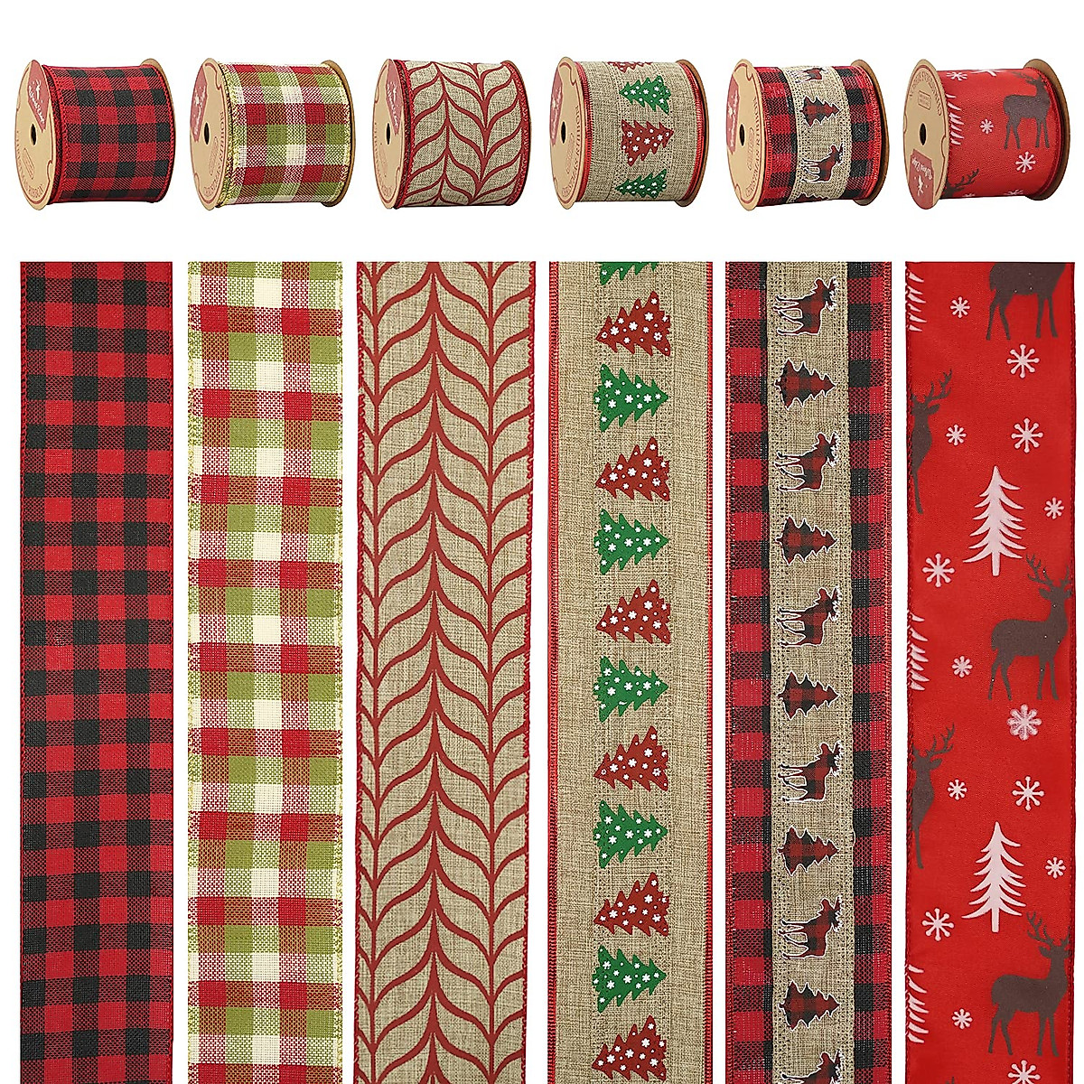 MEEDEE Burlap Wired Ribbon 2.5 Inch 6 Rolls 36 Yards Buffalo Plaid Ribbon for Wreaths, Tree Decorations, Ribbon Garland