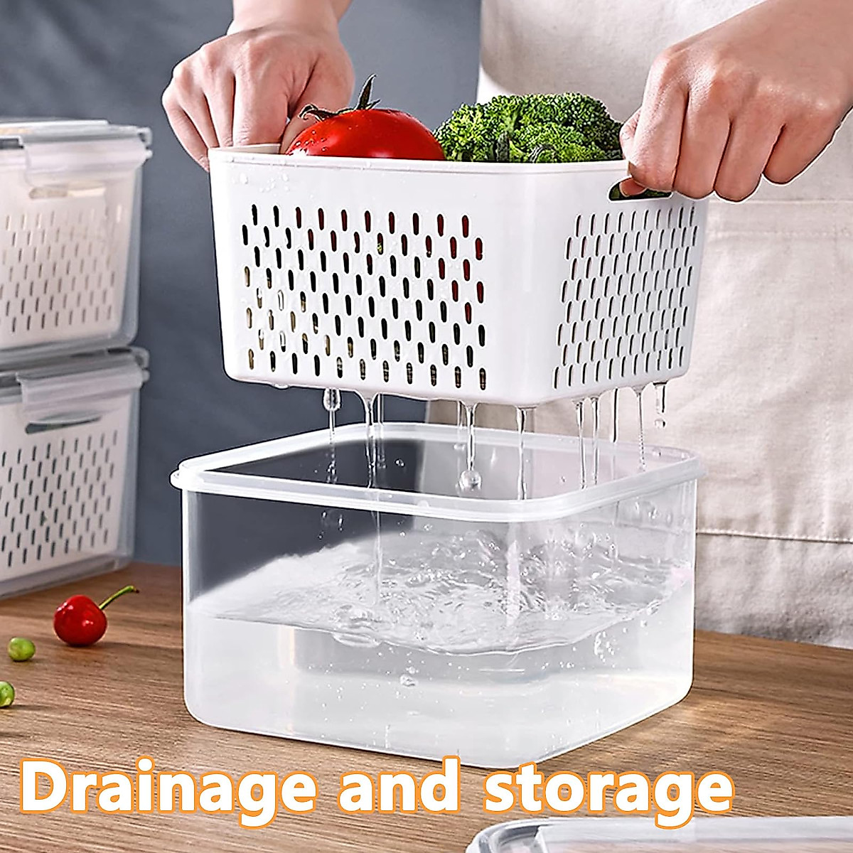 HOMEEE 4 Pack Large Airtight Fridge Food Organizer Containers, Fruit and Vegetable Storage Containers with lids, Portable Outdoor Picnics Food Storage with Removable Colanders(4.15L+3.15L+1.7L+0.8L)