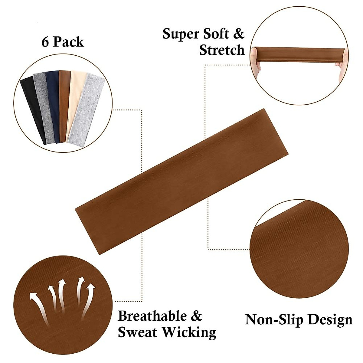 TERSE Headbands for Women Short Hair Non Slip Elastic Sweat Hairbands Soft Fabric Hair Bands Workout Yoga Running Sport Thin Hair Wrap for Girls