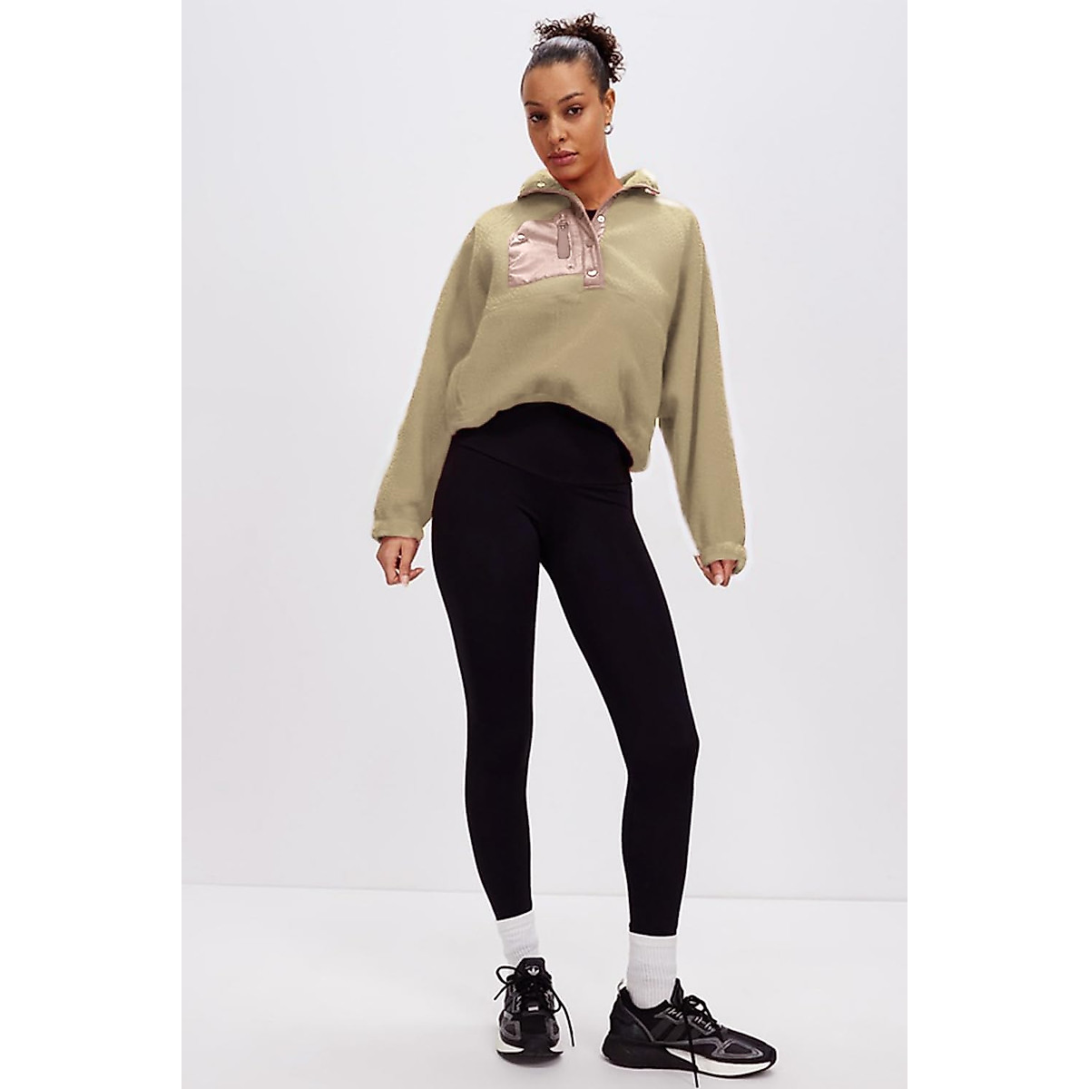 Womens Oversized Sweatshirt Sherpa Sweatshirts Fuzzy Fleece Pullover Fluffy Outerwear with Pockets Camel S