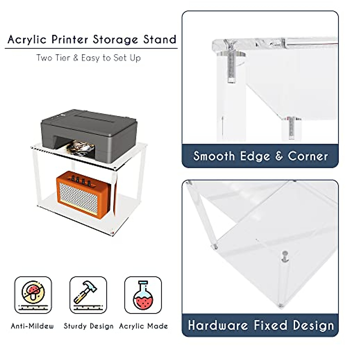 CRYSFLOA Acrylic Printer Stand 2 Tier Storage Shelves Desktop Stand for Printer Home Office Desk Organizer Printer Shelf Book Storage Desktop Shelf for Work Kitchen Storage Shelves 15.7'' x 11.6''