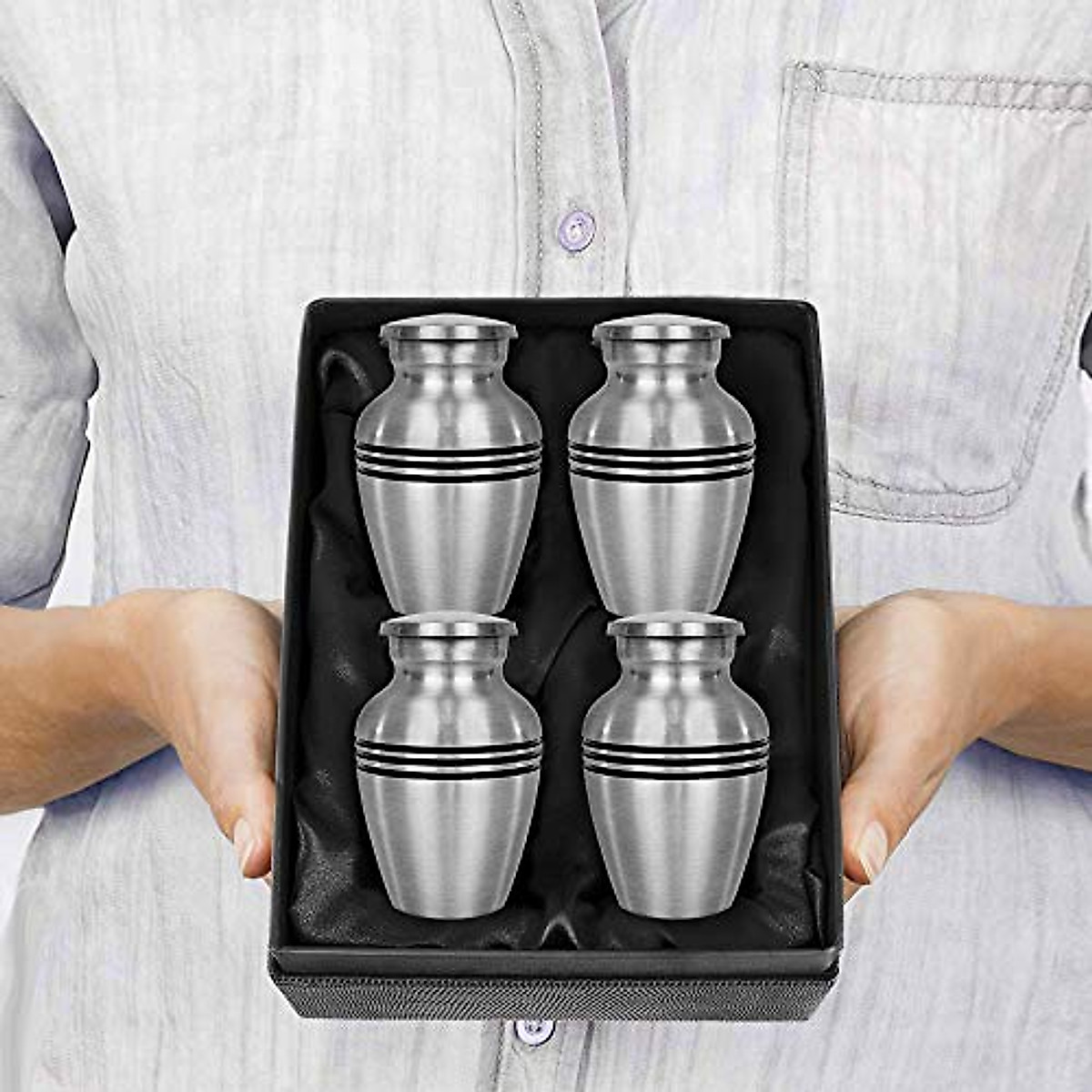 Trupoint Set of 4 Small Urns for Human Ashes Adult Male or Female - Holds 0.75 Lbs. Per Mini Urn, 2.75" x 1.75" Mini Cremation Urns, Keepsake Burial Urns with Case & Bags - Pewter